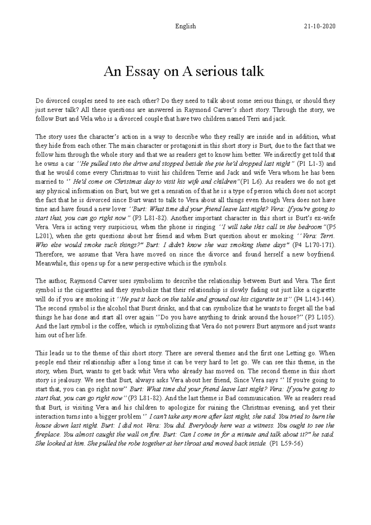 An Essay on A serious talk (Short story Engelsk på B) - English 21-10 ...