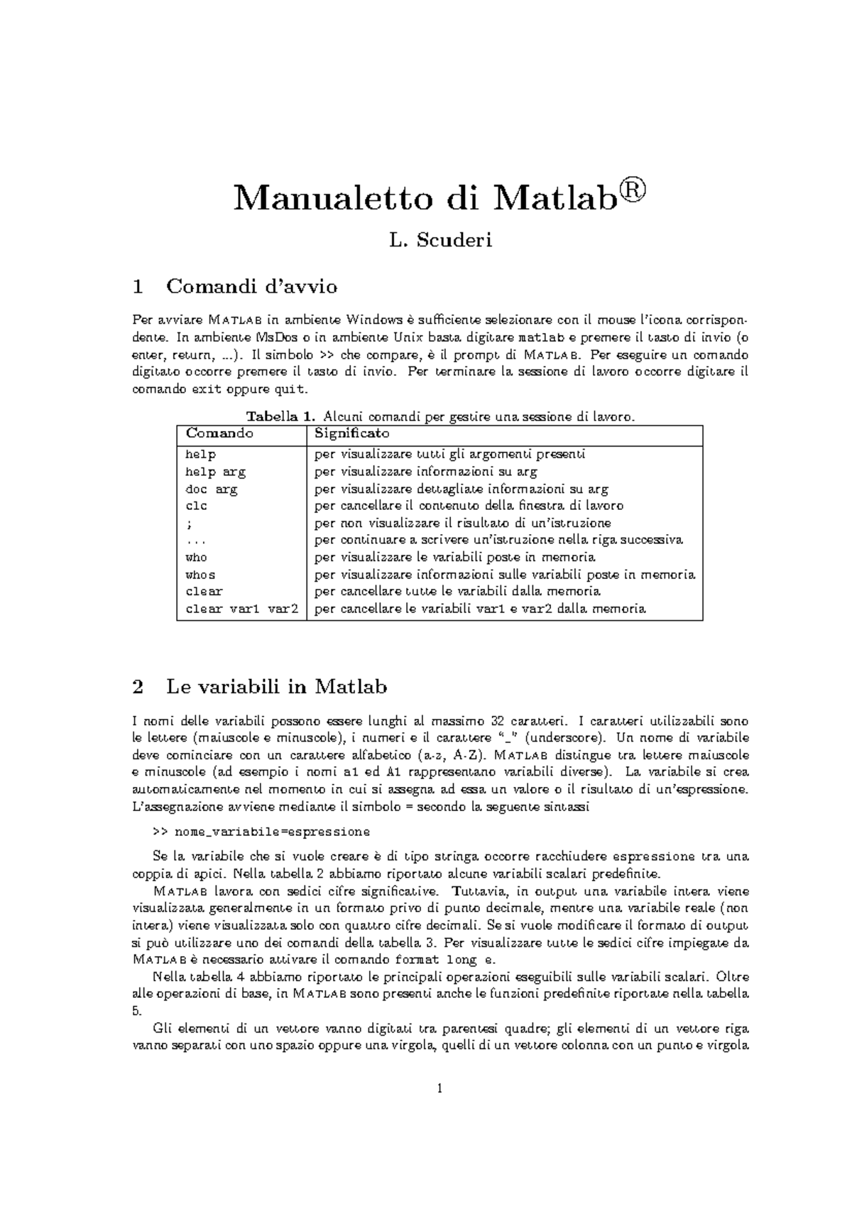 Manualetto Matlab - Manualetto di Matlab r L. Scuderi 1 Comandi d’avvio Per avviare Matlab in ...
