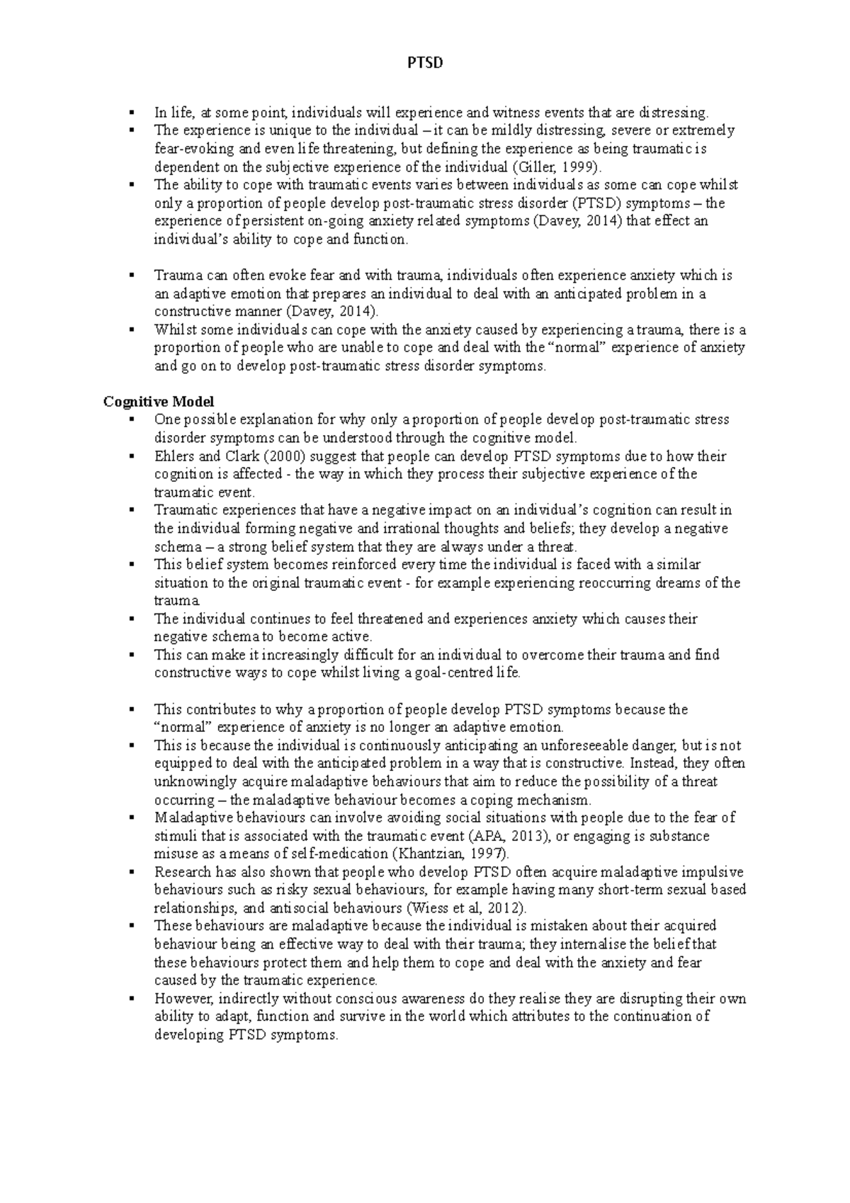 PTSD extended notes - PTSD In life, at some point, individuals will ...