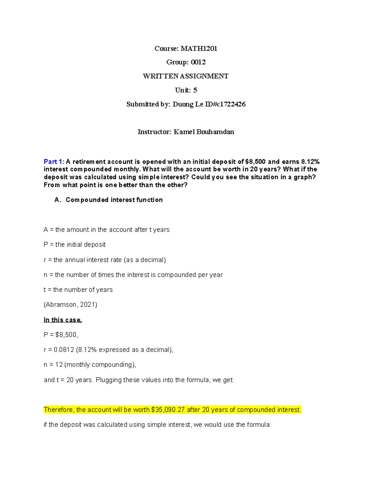 MATH1201 - W5 - Written Assignment - ID c1722426 - Duong Le - Course: MATH Group: 0012 WRITTEN ...