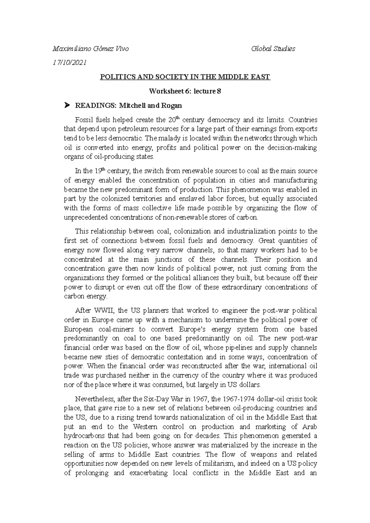 POLITICS AND SOCIETY IN THE MIDDLE EAST: Worksheet 6 - RGST 140B - UC ...