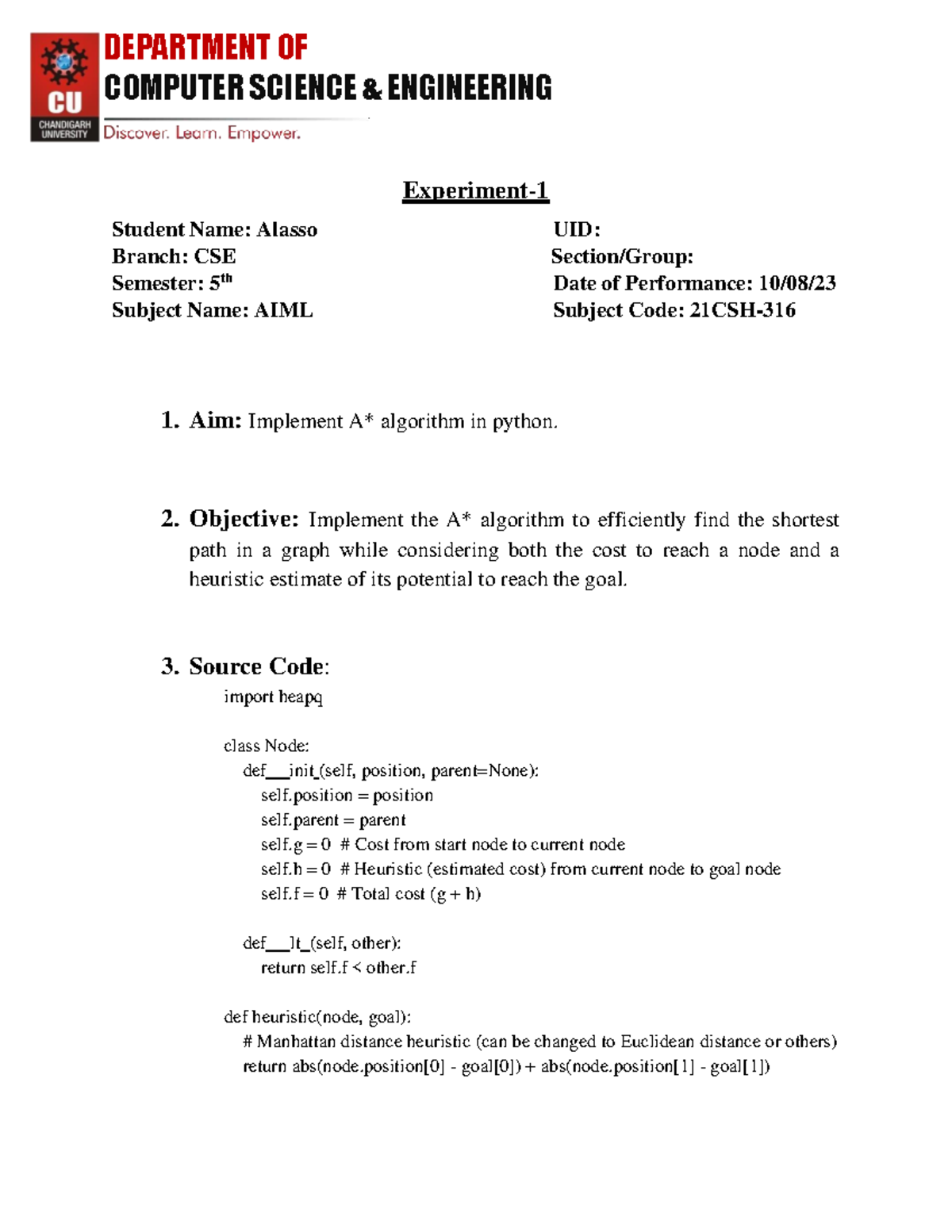 AIML Worksheet 1 - Alasso - DEPARTMENT OF COMPUTER SCIENCE & ENGINEERING Experiment- 1 Student ...