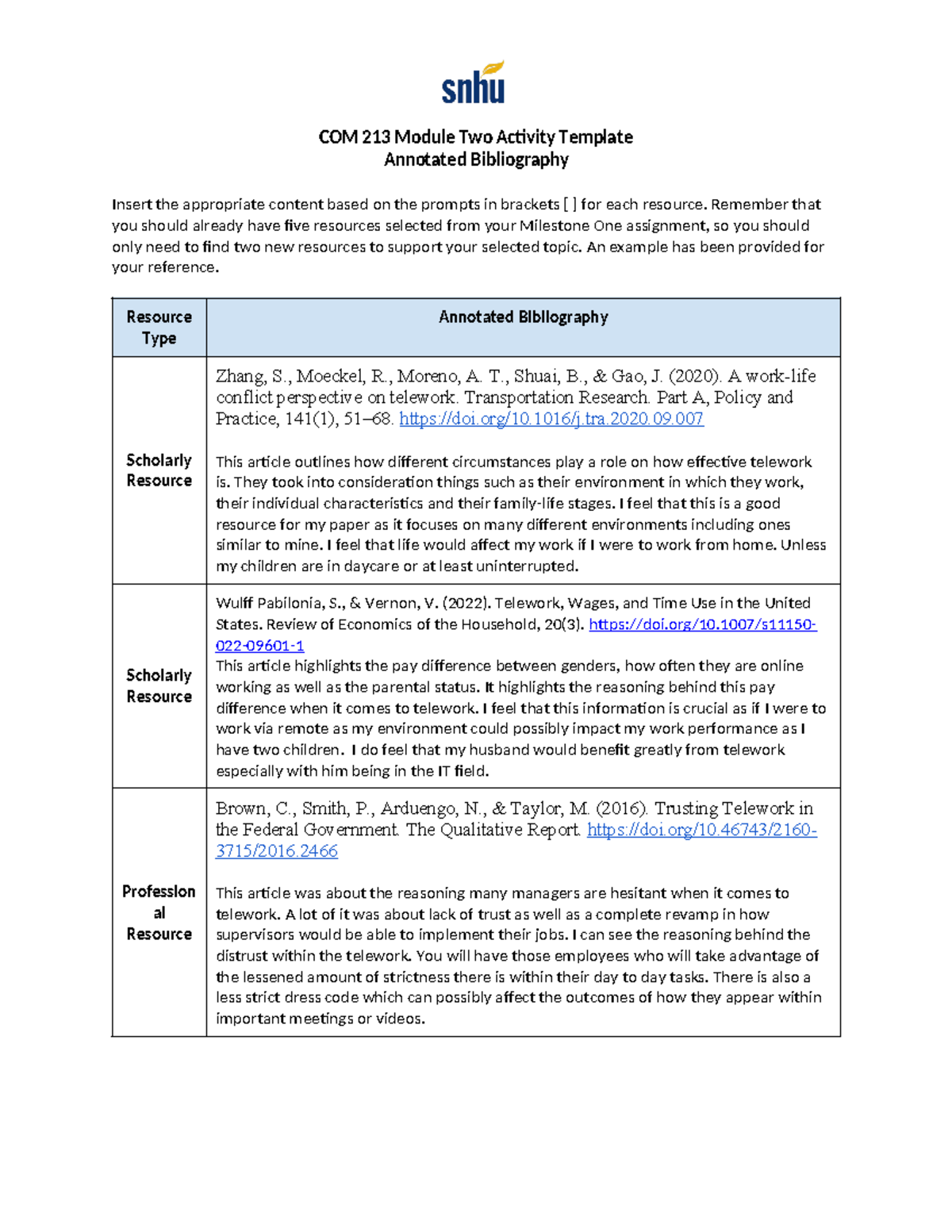 COM 213 Module Two Activity - Remember that you should already have five resources selected from ...