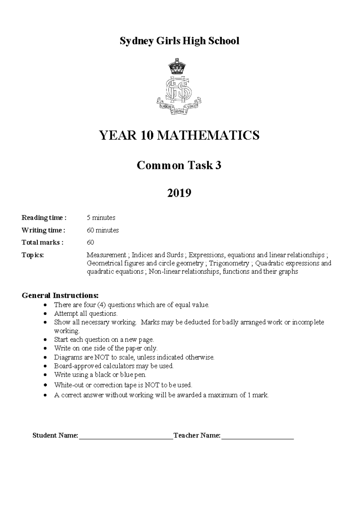 2019 Sydney Girls Year 10 Task 3 - Sydney Girls High School YEAR 10 MATHEMATICS Common Task 3 ...