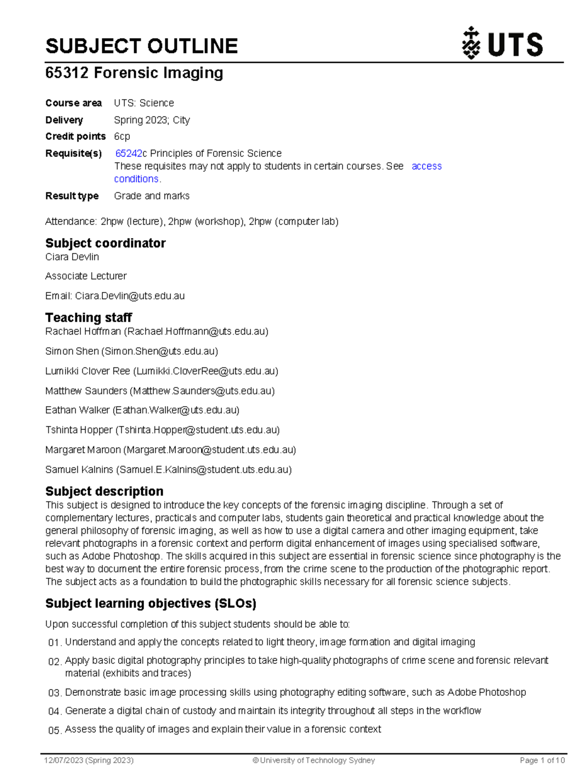 PDFs subject outline forsenic imaging - SUBJECT OUTLINE 65312 Forensic ...