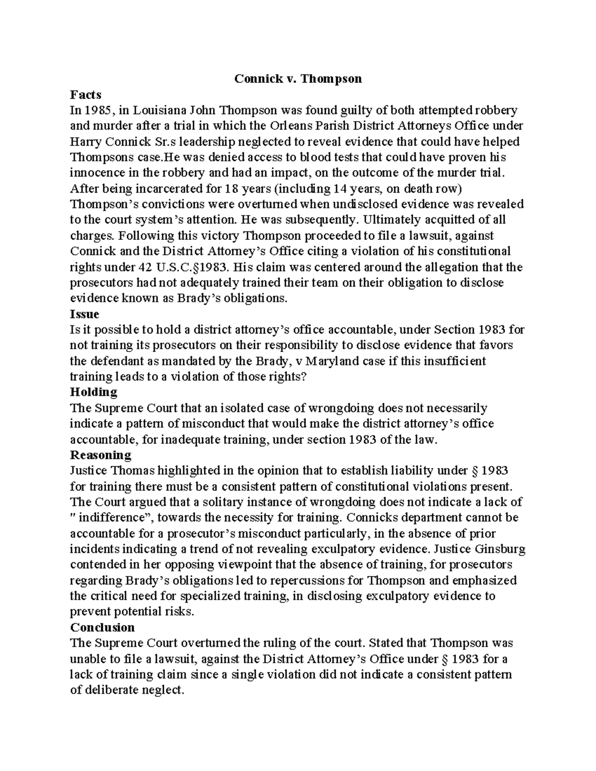 Connick v THomas - Case brief - Connick v. Thompson Facts In 1985, in ...