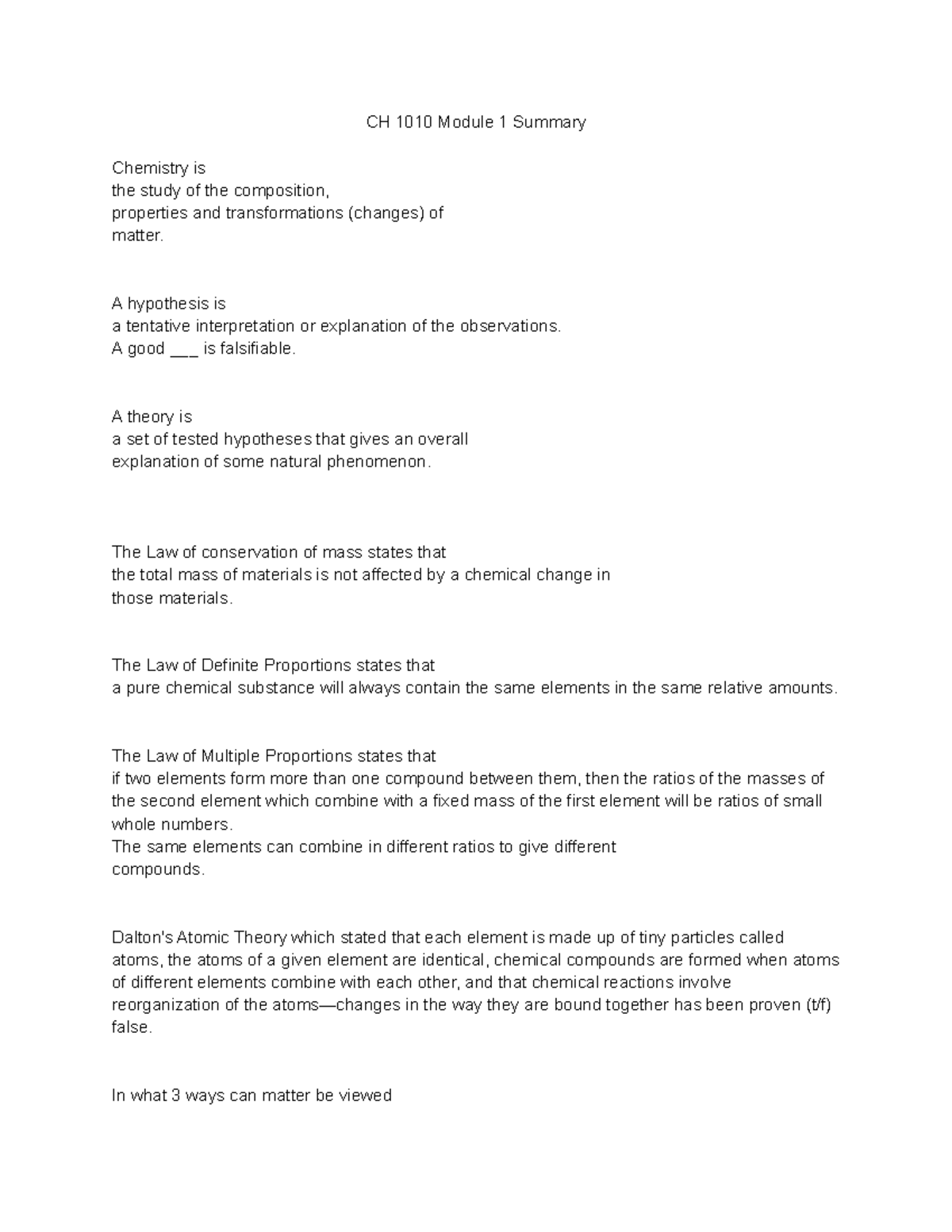 CH 101 0 Chapter 1 Study Guide - CH 1010 Module 1 Summary Chemistry is ...