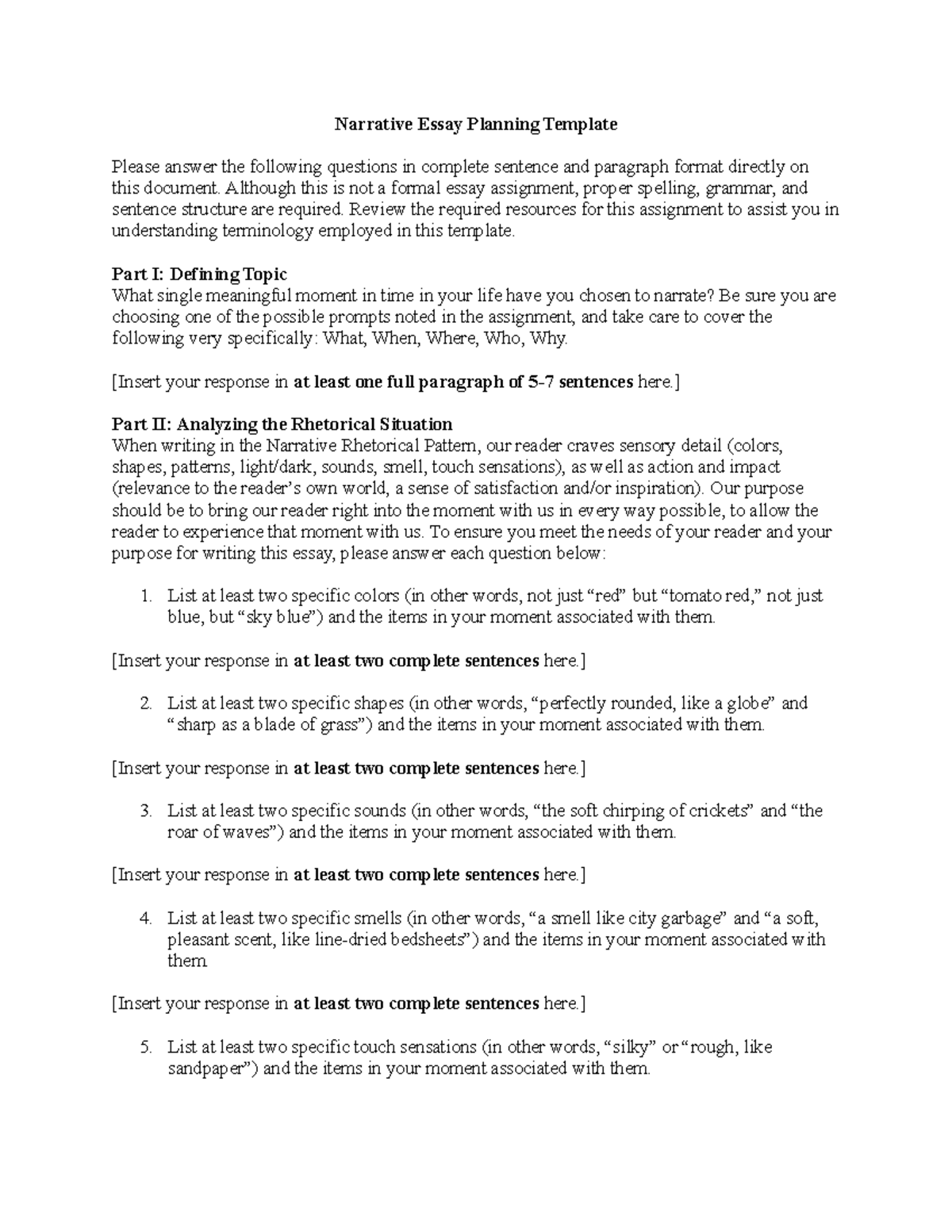 ENGL117 Week 1 Narrative Essay Planning Template - Narrative Essay ...