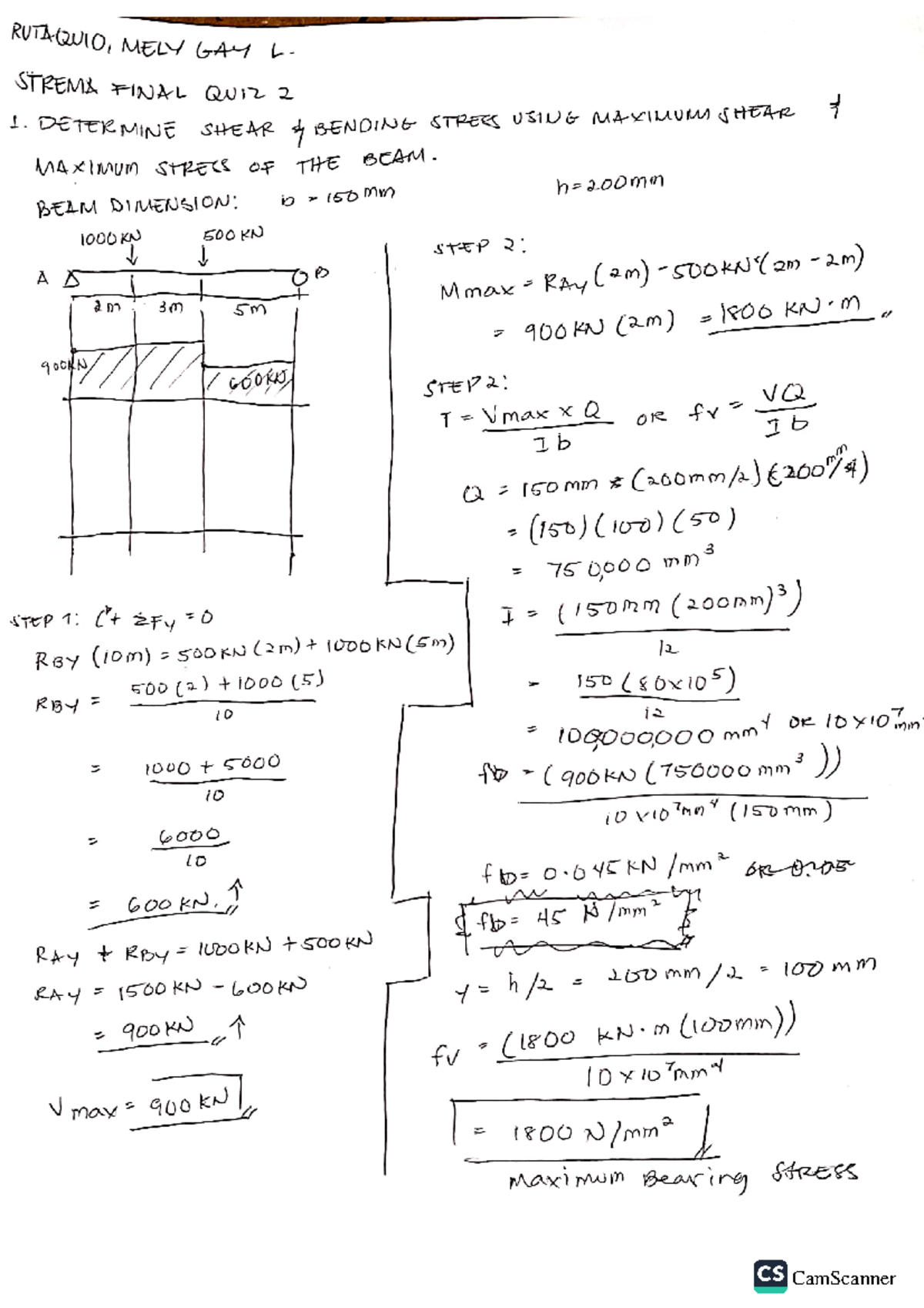 Strema QUIZ 2 - QUIZ MATERIAL - RUTAQUIO, MELY GAY L. STREMA FINAL QUIZ 2 1. DETERMINE SHEAR ...
