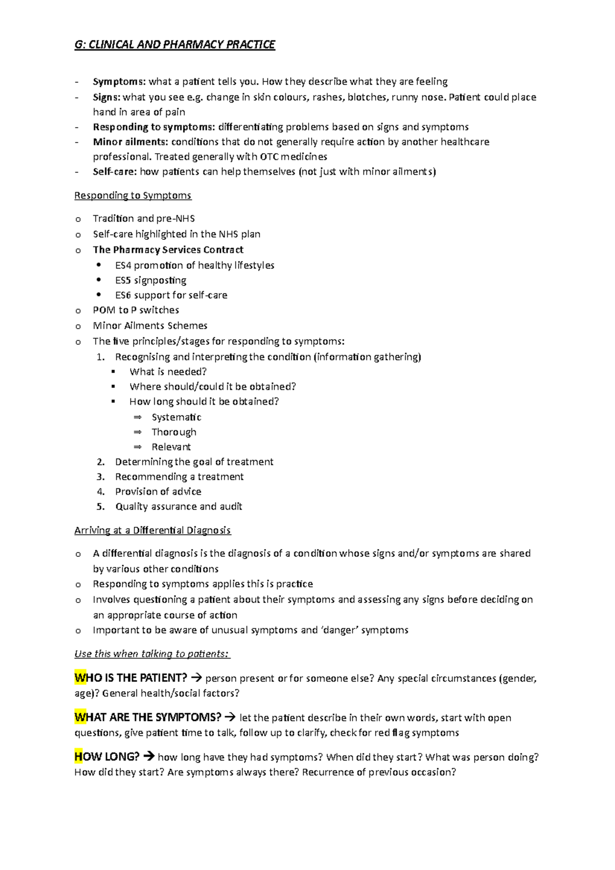 Notes for Essential Skills of Pharmacist - Module 1 - Symptoms: what a ...