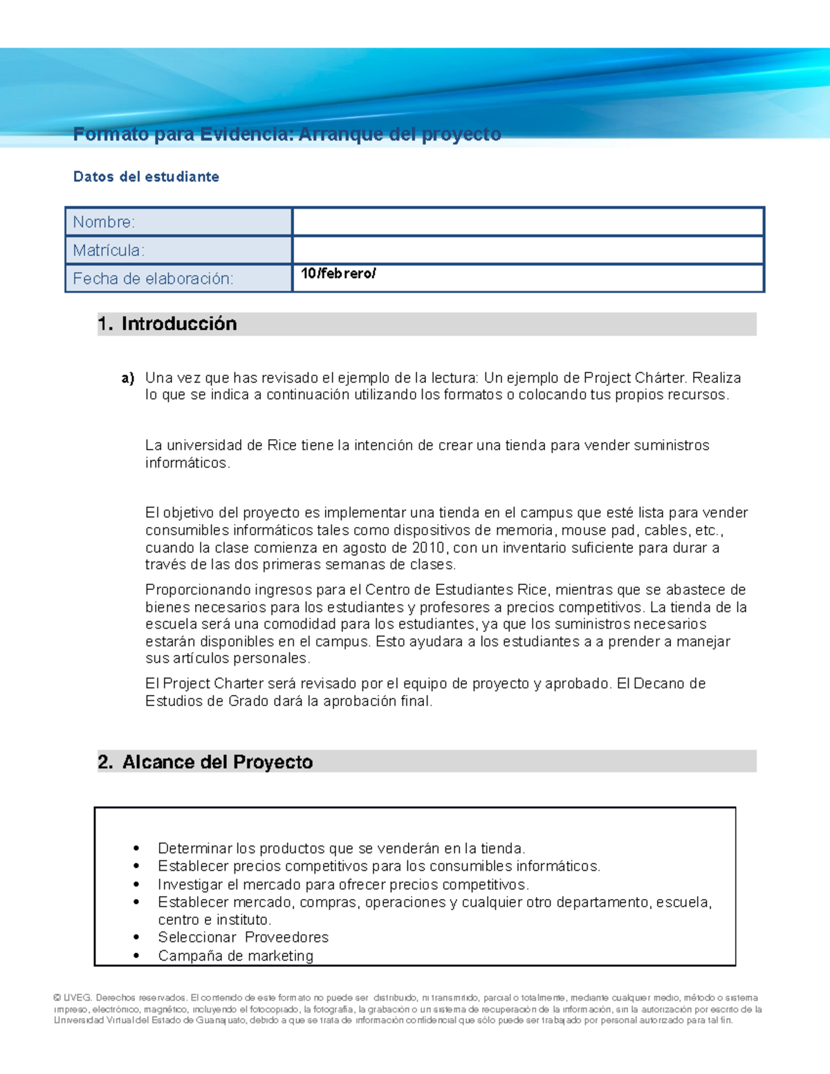 Arranque de un proyecto a destacar y llevar a cabo - Formato para ...