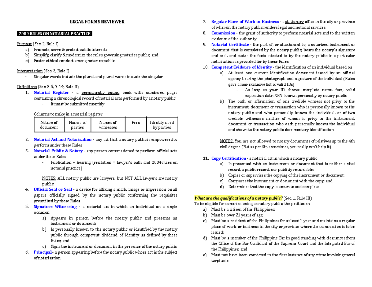 Legal Forms - LEGAL FORMS REVIEWER 2004 RULES ON NOTARIAL PRACTICE ...