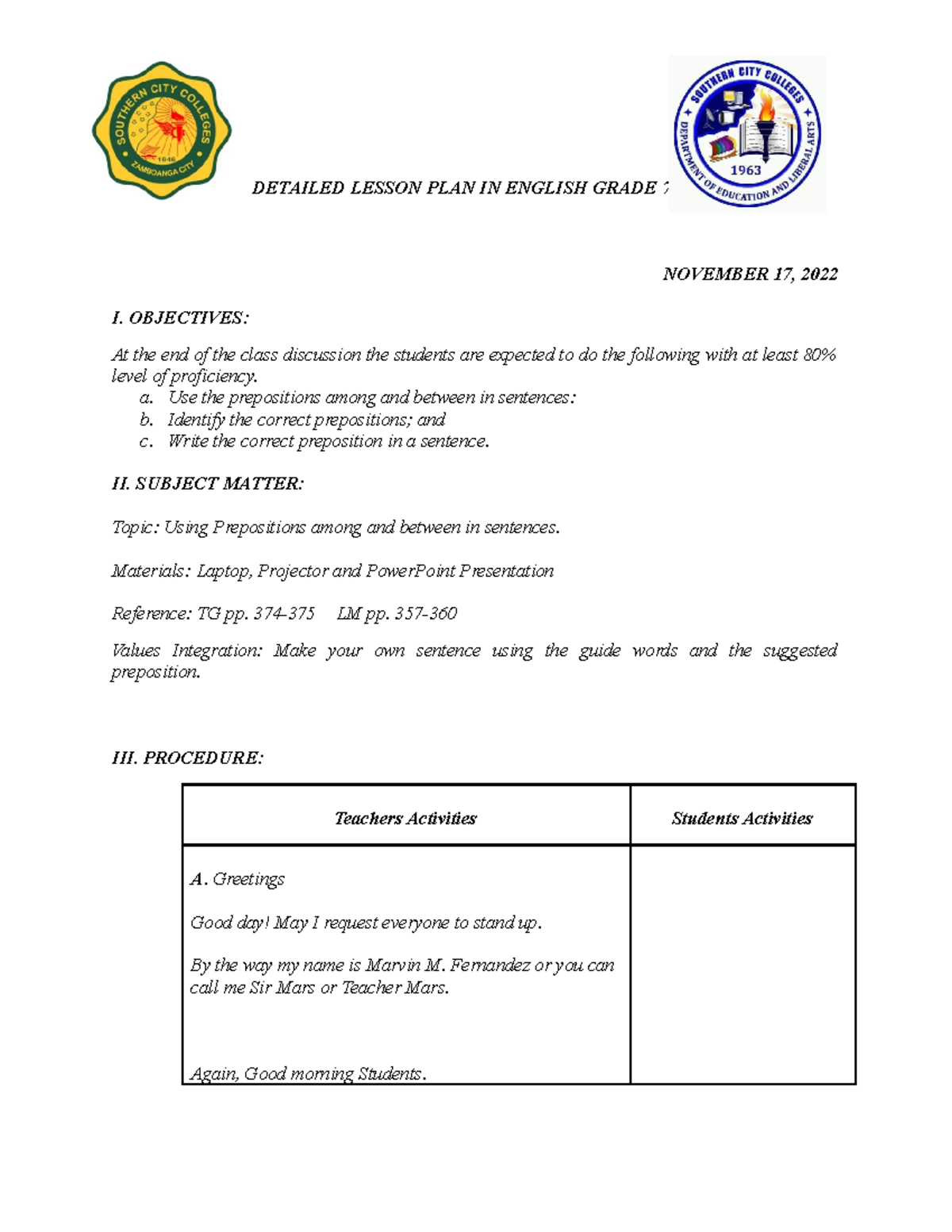 Detailed Lesson PLAN - MARS Italic - DETAILED LESSON PLAN IN ENGLISH ...