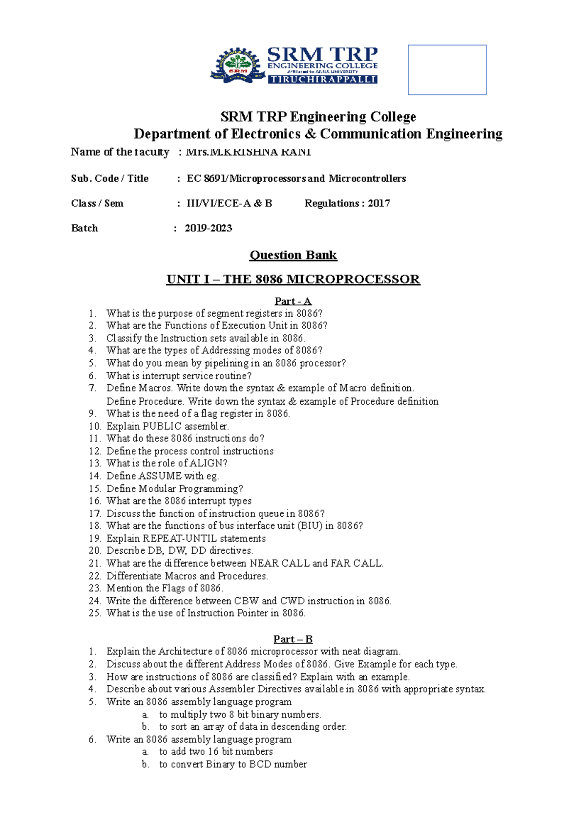 12.EC8691 MPMC QB - 2 marks with answers - Name of the faculty : Mrs.M RANI Sub. Code / Title ...