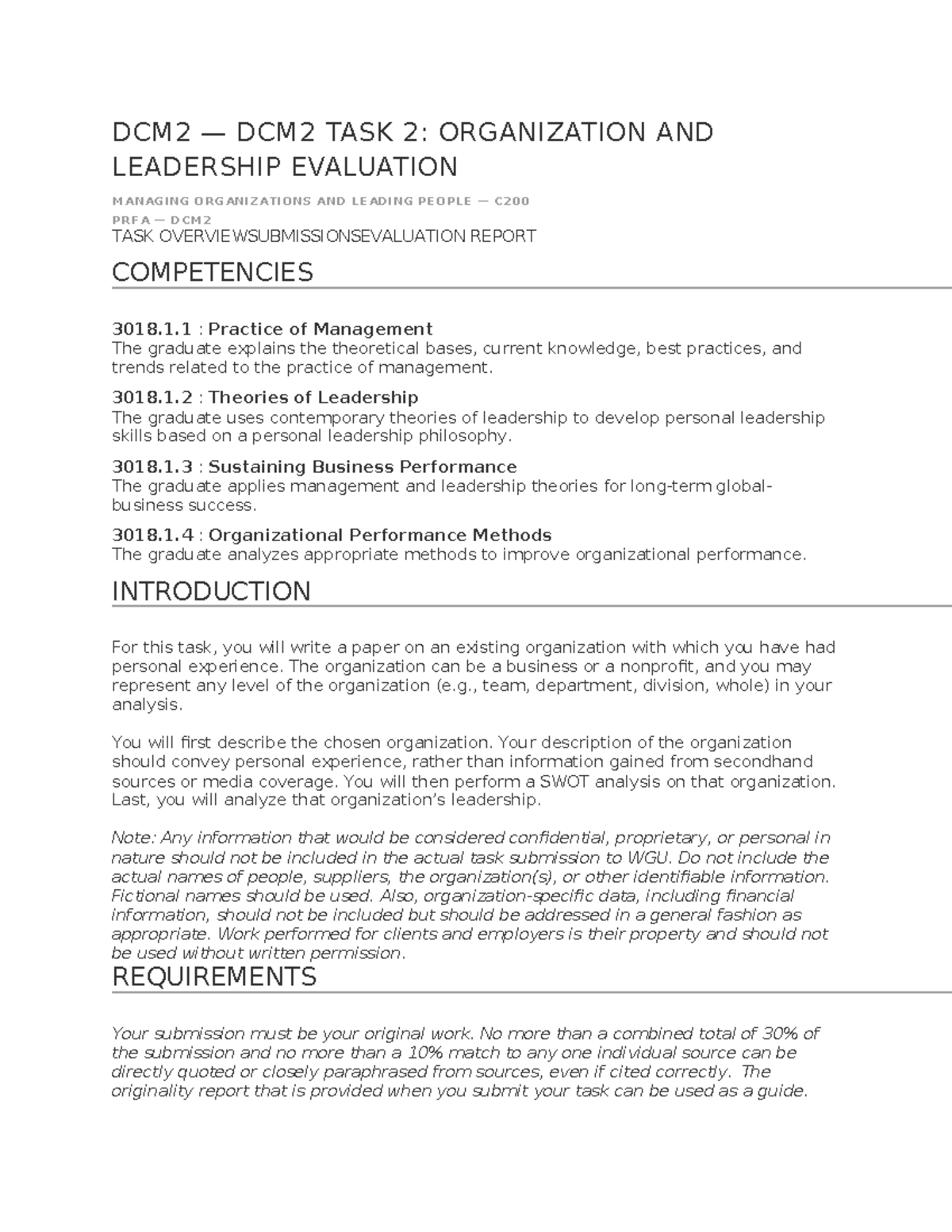 Task2 - DCM2 — DCM2 TASK 2: ORGANIZATION AND LEADERSHIP EVALUATION MANAGING ORGANIZATIONS AND ...