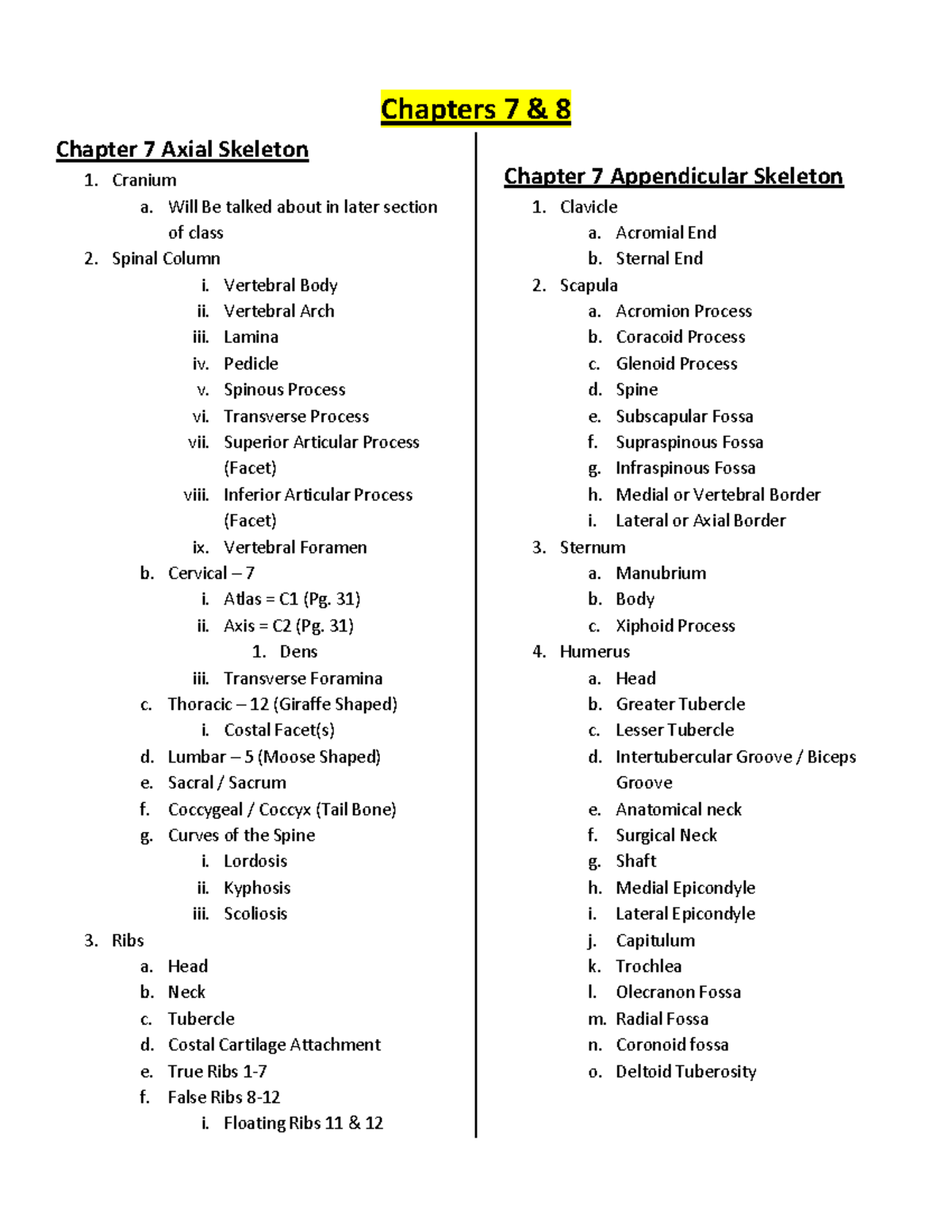 Chapter 7 & 8 Skeleton - Chapters 7 & 8 Chapter 7 Axial Skeleton 1 ...