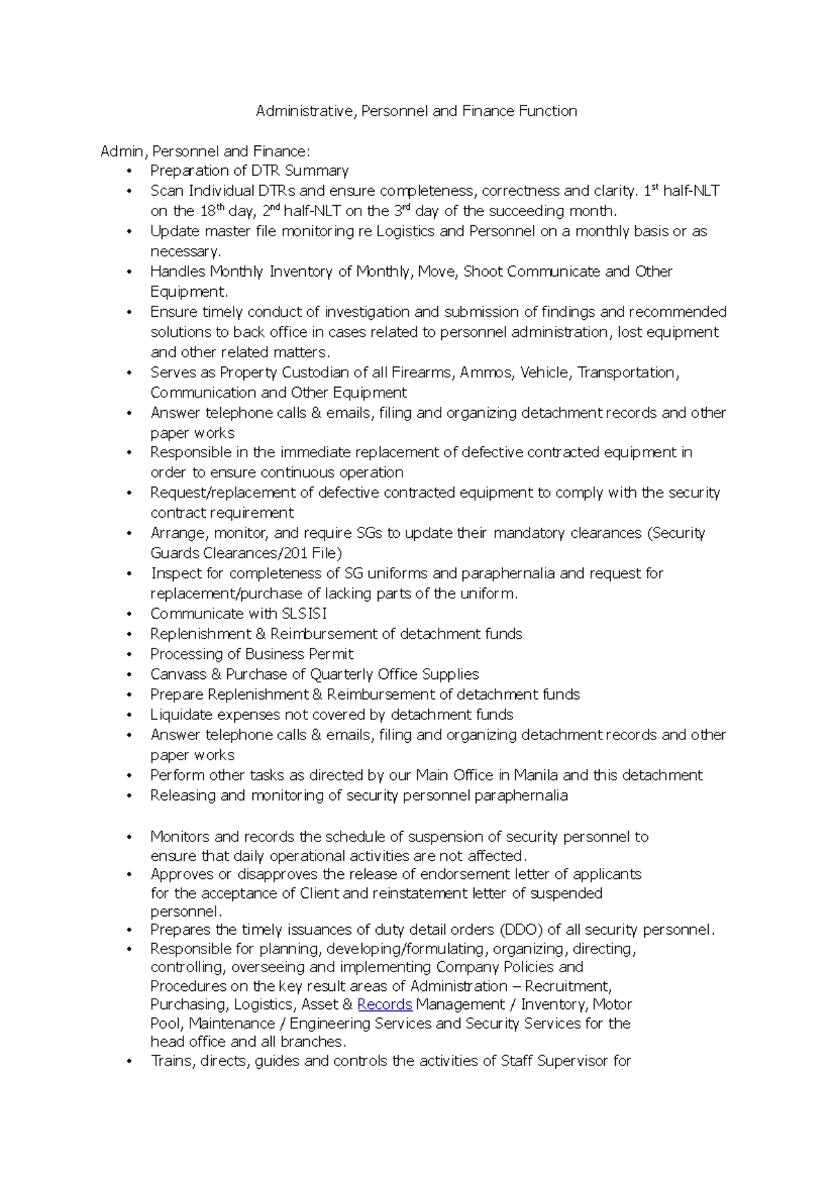 Admin Logistics and Finance Functions Sites - Administrative, Personnel ...