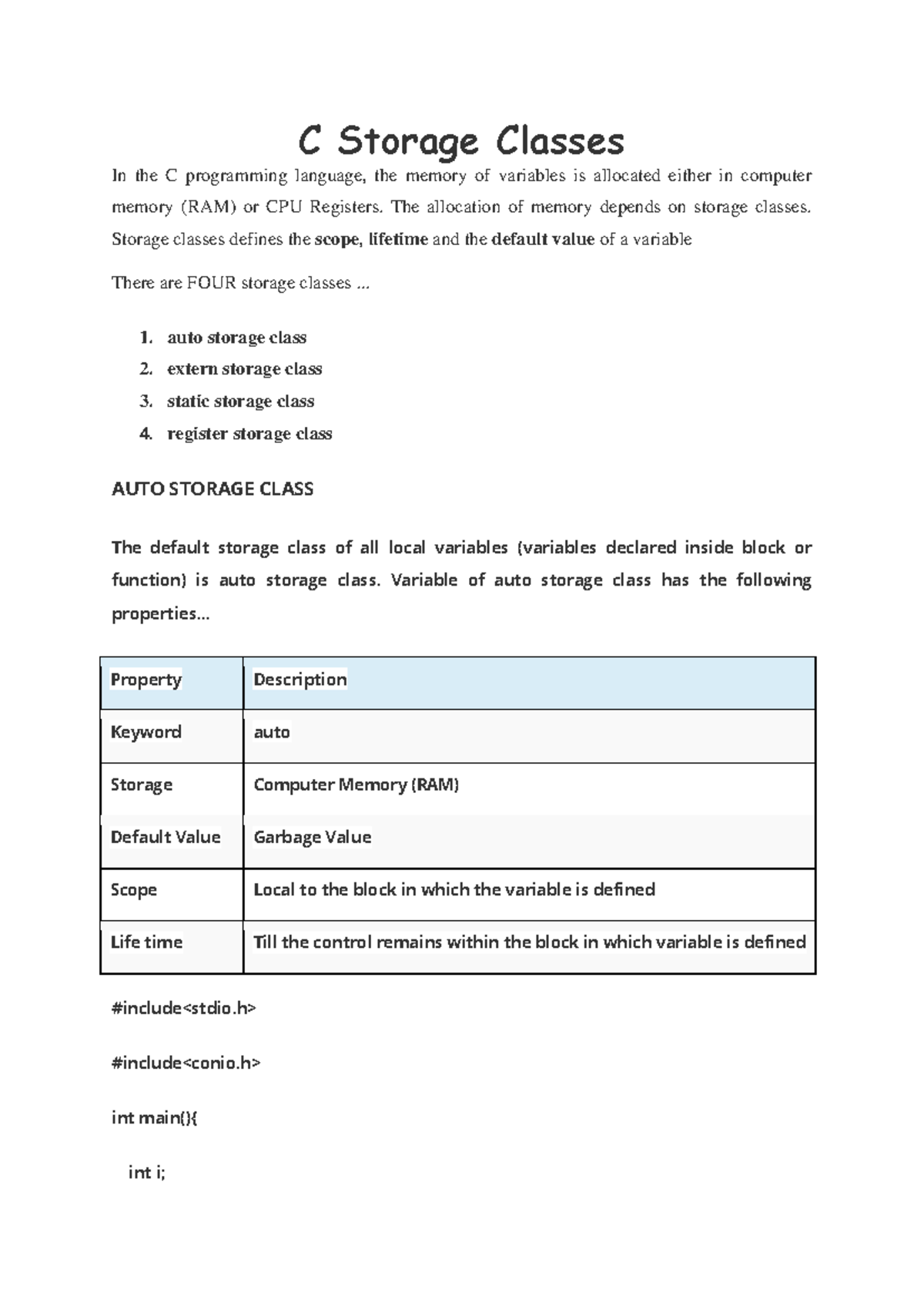 Unit 1 - part2 - It more useful - C Storage Classes In the C programming language, the memory of ...