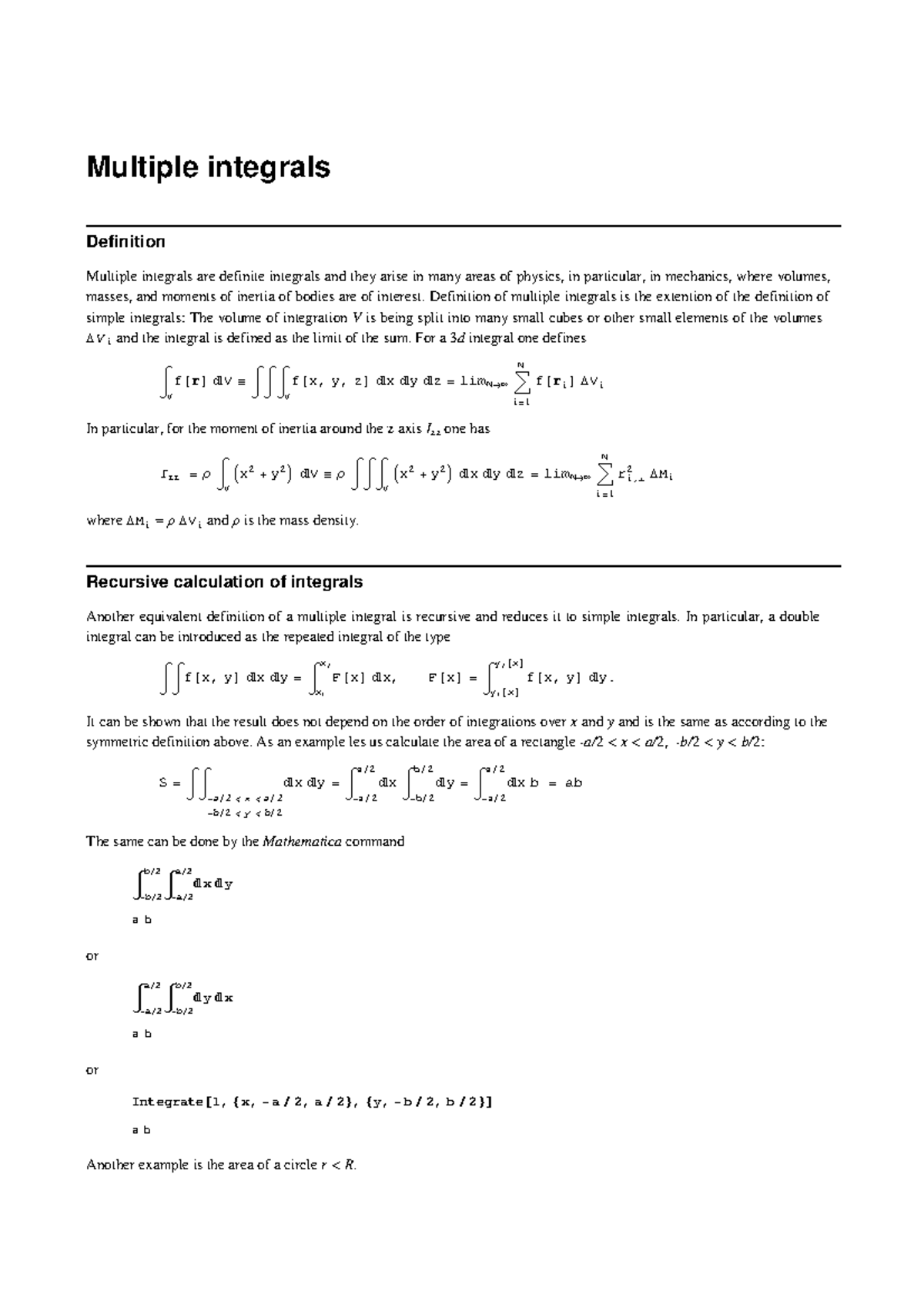 Multiple Integrals - Multiple integrals Definition Multiple integrals ...