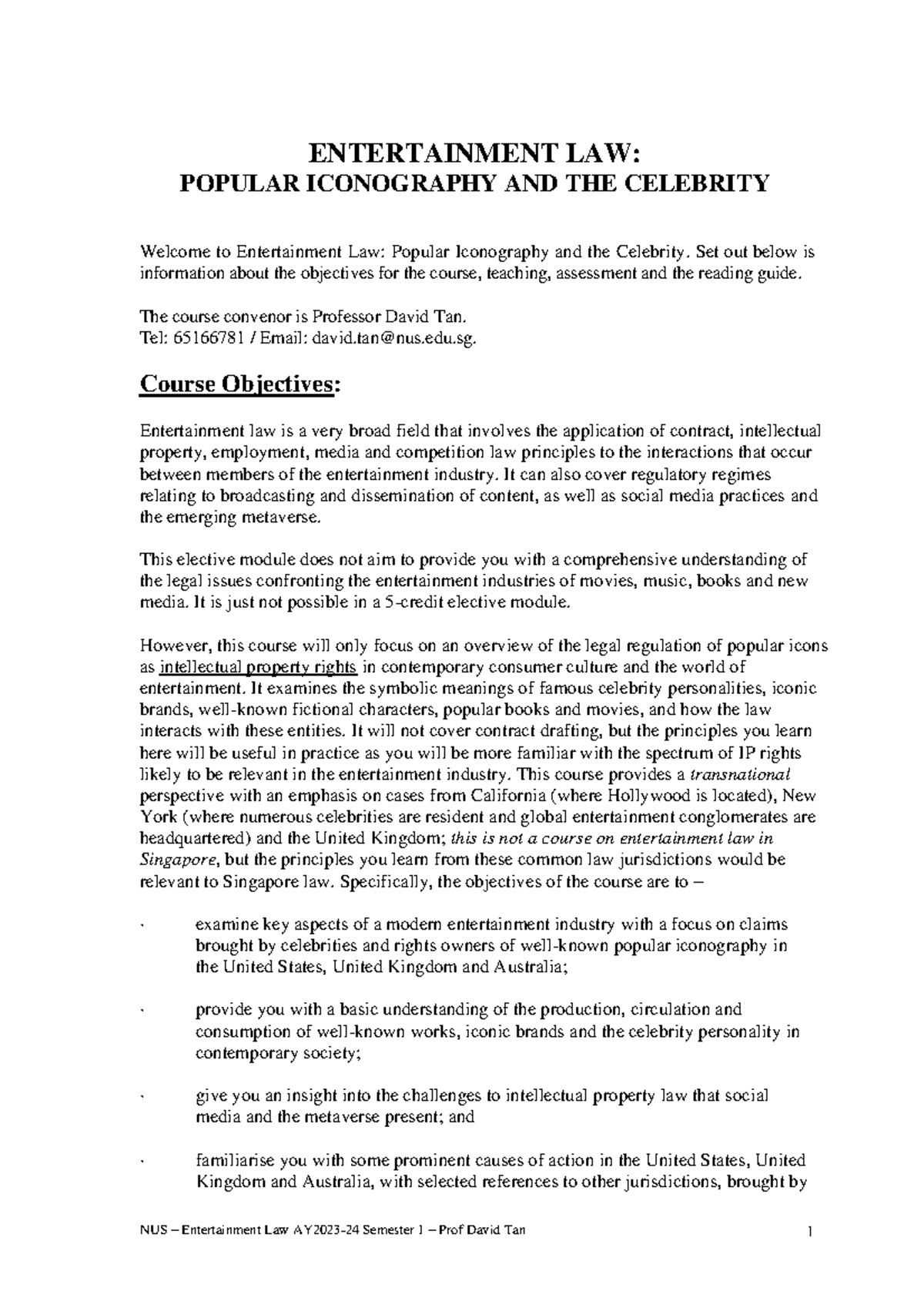 Entertainment Law AY2023-2024 Reading Guide - ENTERTAINMENT LAW ...