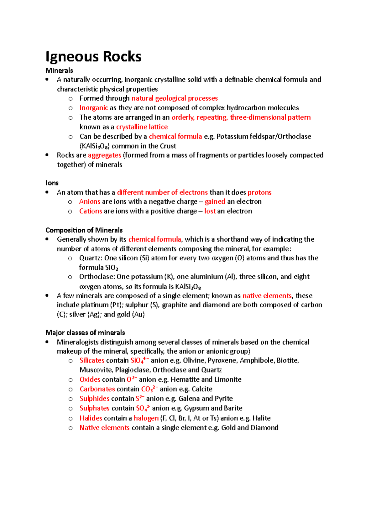 GEOS1003 Notes 1 - Igneous Rocks Minerals A naturally occurring ...