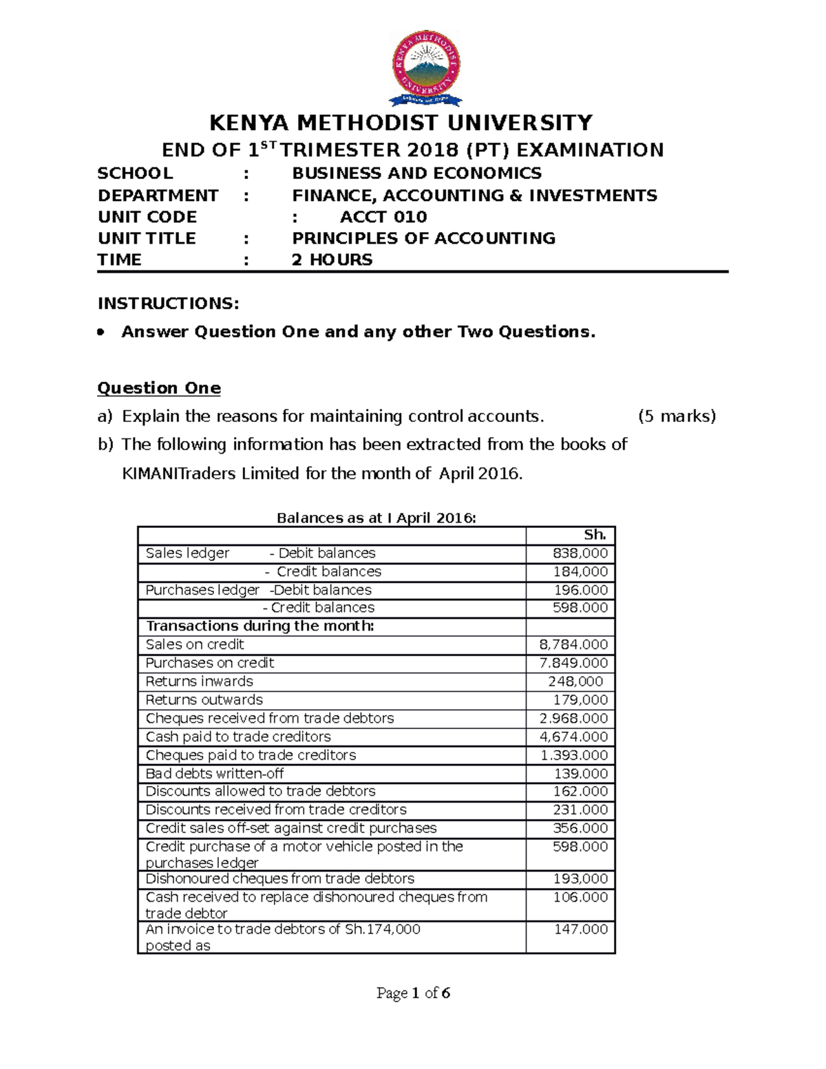 ACCT 010 PT - Principles OF Accounting 2018 - KENYA METHODIST UNIVERSITY END OF 1ST TRIMESTER ...