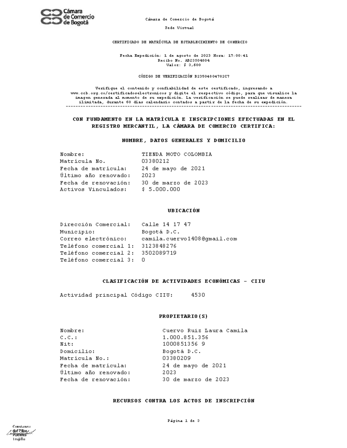 Matricula Mercantil - Cámara de Comercio de Bogotá Sede Virtual CERTIFICADO DE MATRÍCULA DE ...