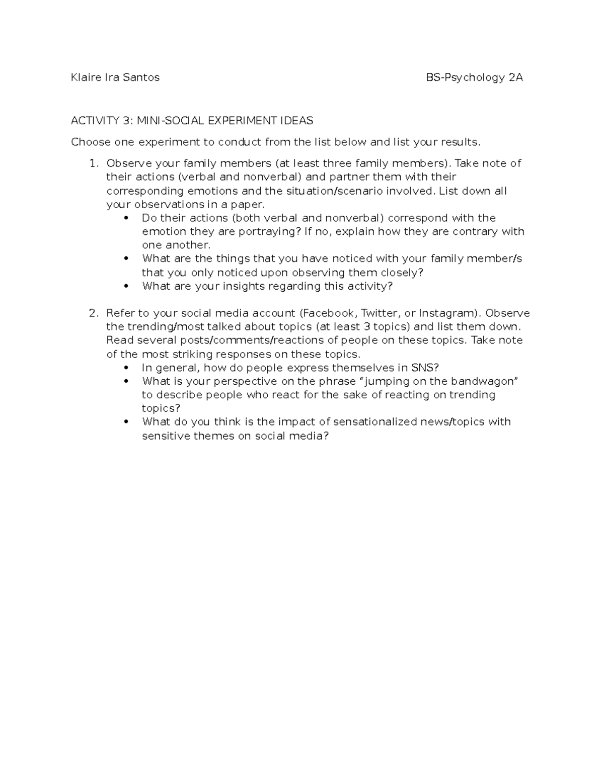 Mini Experiment-Unfinished - Klaire Ira Santos BS-Psychology 2A ...
