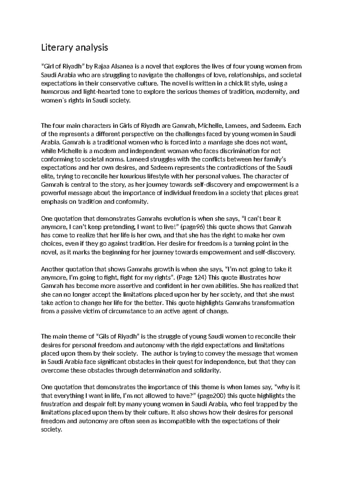 Literary analysis Rajaa Alsanea 3 - Literary analysis “Girl of Riyadh ...