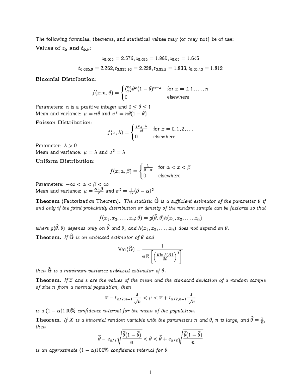 AMS412 Sample Midterm 1 Solution Spring 2023 - The following formulas, theorems, and statistical ...