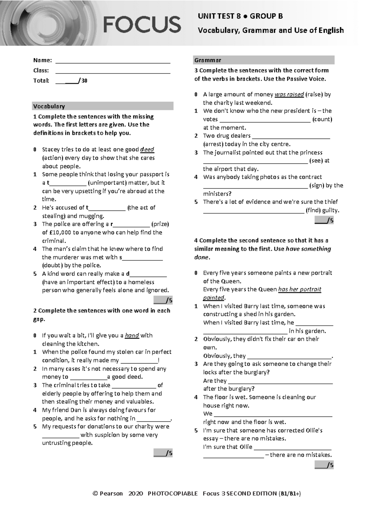 Focus 3 2E Unit Test Vocabulary Grammar Uo E Unit8 Group B - © Pearson ...