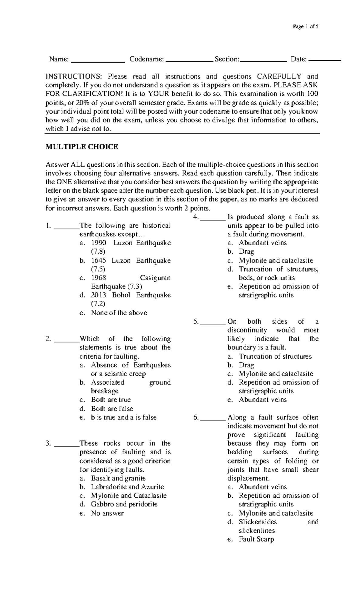 Structural Geology Practice Quiz - Name: Codename: Section: Date ...
