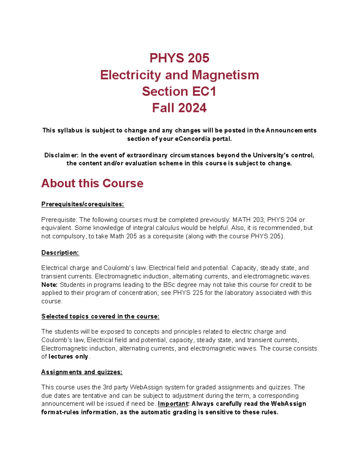 PHYS 205 - Electricity and Magnetism - PHYS 205 Electricity and ...