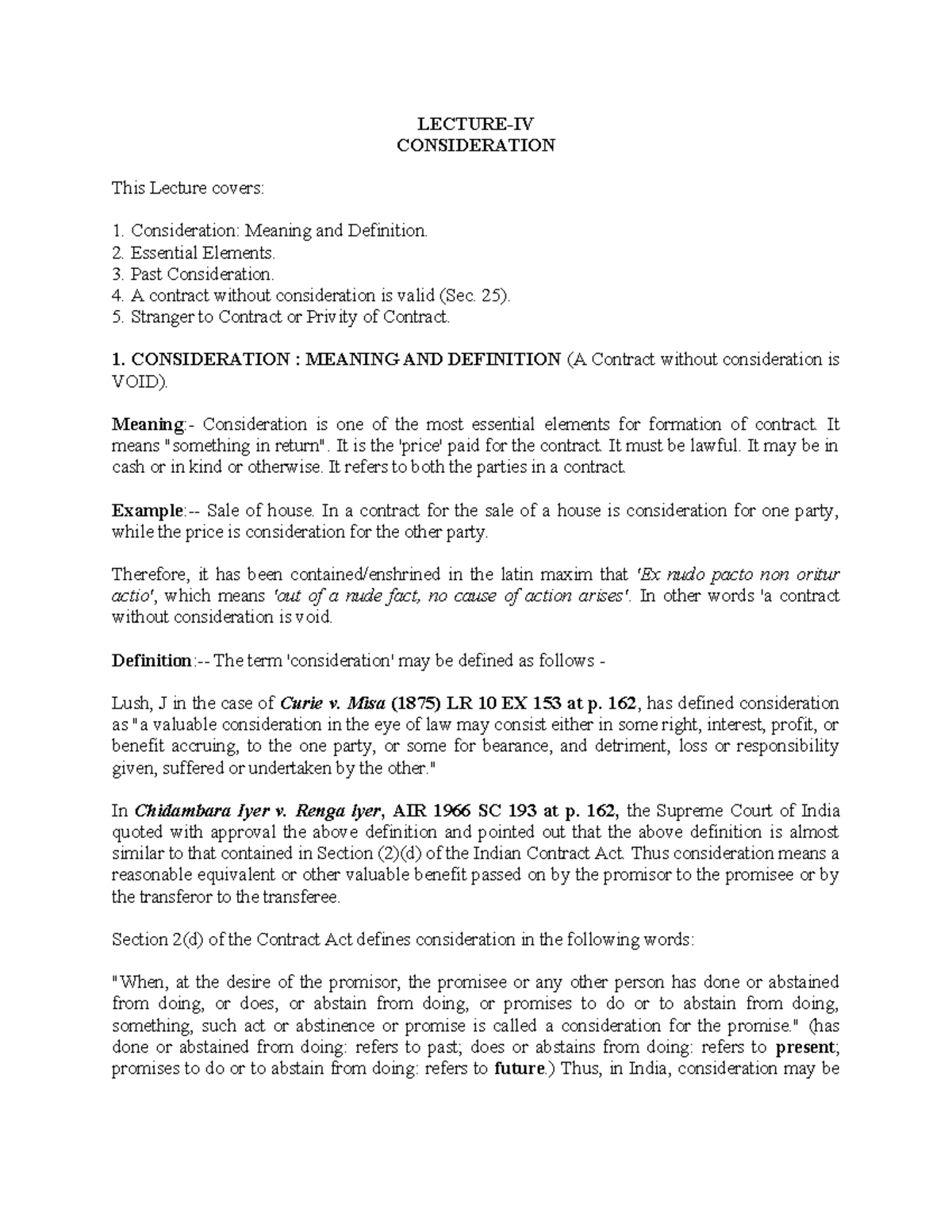 Notes - LECTURE-IV CONSIDERATION This Lecture covers: Consideration ...