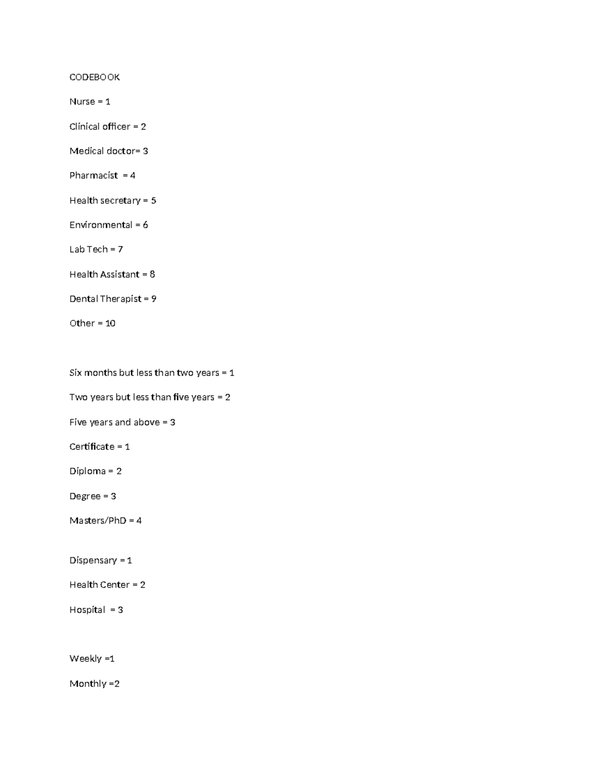 Codebook - CODEBOOK Nurse = Clinical officer = Medical doctor ...