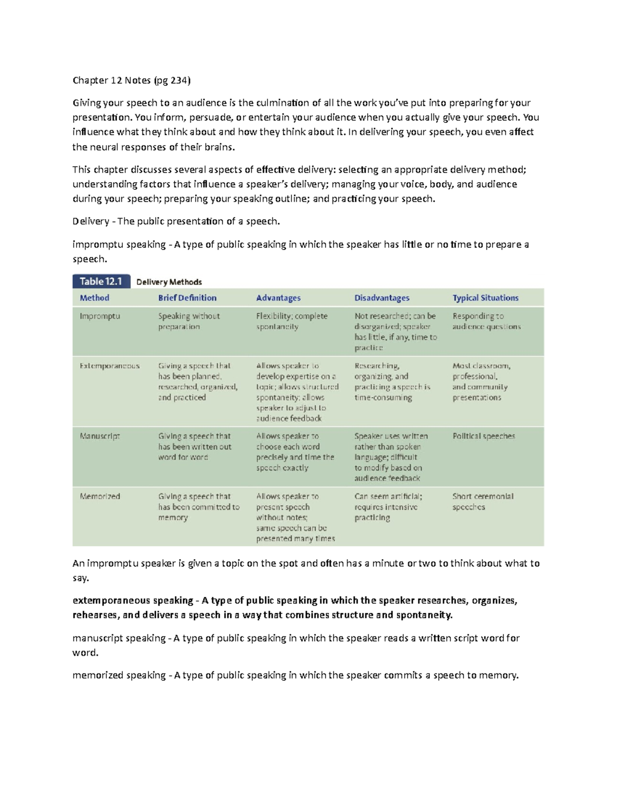 CH 12 Notes - Chapter 12 Notes (pg 234) Giving your speech to an ...