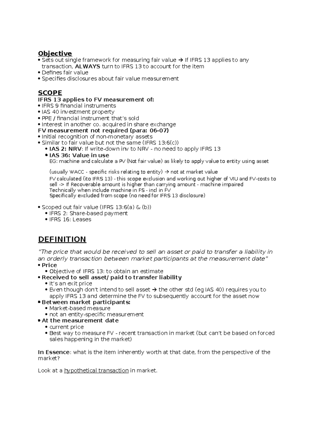 Fair Value (IFRS 13) Summary - Objective Sets out single framework for ...