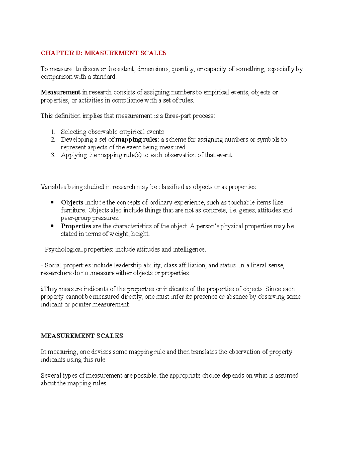 Measurement Scales - CHAPTER D: MEASUREMENT SCALES To measure: to ...