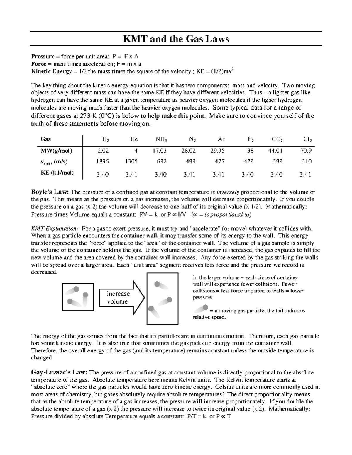 KMT Gas Laws - Lecture notes 4 - KMT and the Gas Laws Pressure = force ...