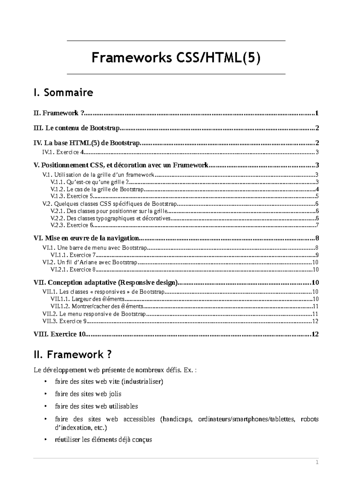 0544 bootstrap frameworks css html - Frameworks CSS/HTML(5) I. Sommaire II. Framework - Studocu