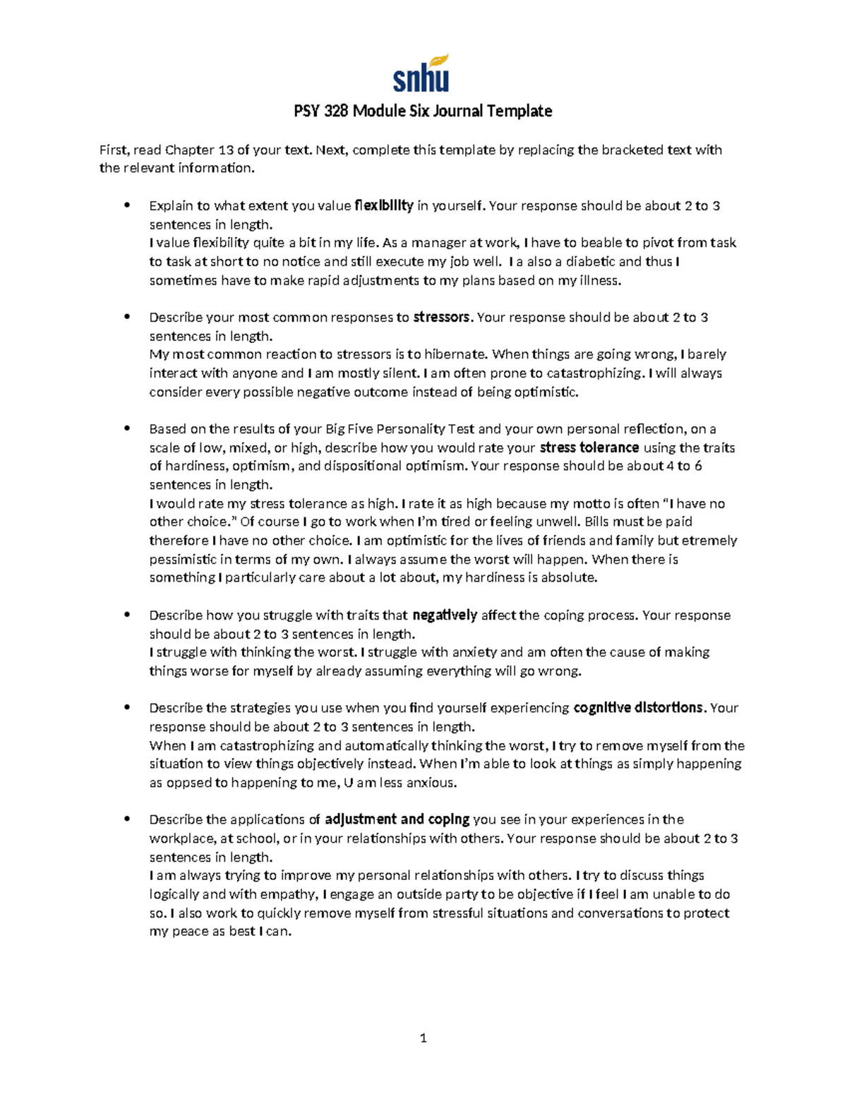 PSY 328 Module Six Journal - Next, complete this template by replacing the bracketed text with ...