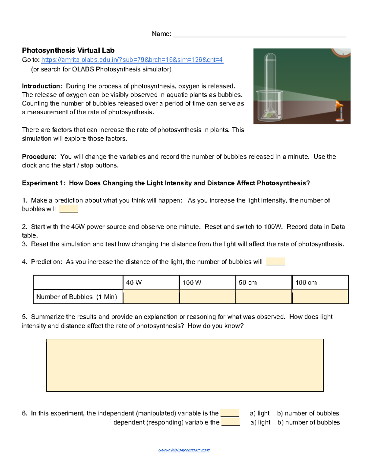 Photosynthesis Virtual Lab - biologycorner Name