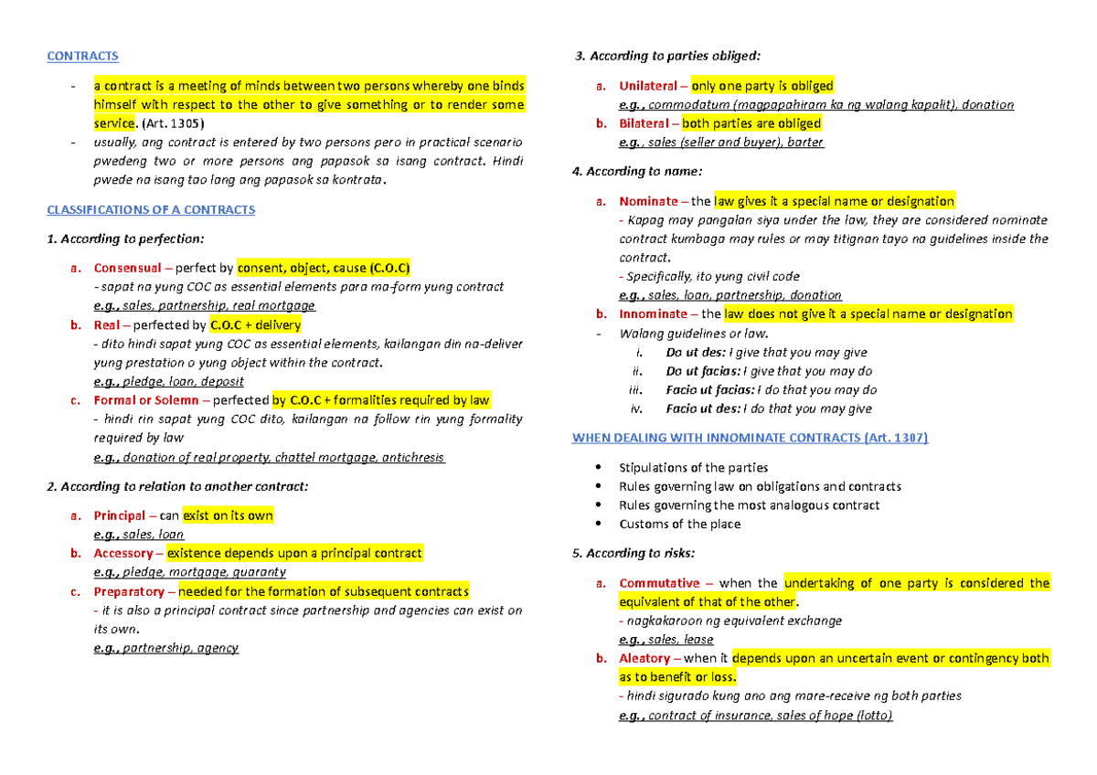Contracts provision - notes - CONTRACTS a contract is a meeting of ...