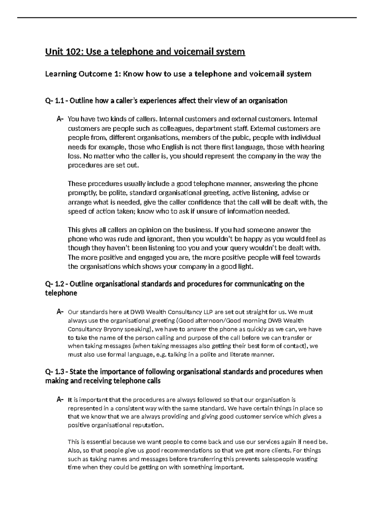 Unit 102 use a telephone and voicemail system - Unit 102: Use a ...