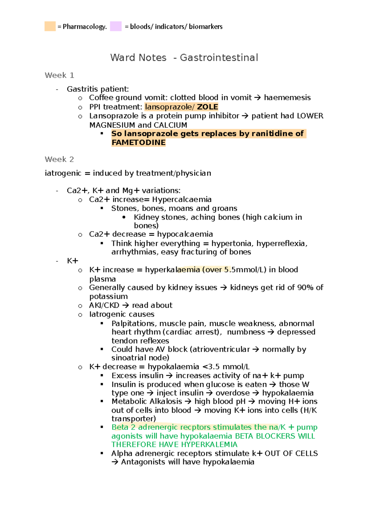 Gastrointestinal Ward Notes - ___ = Pharmacology. ___ = bloods ...
