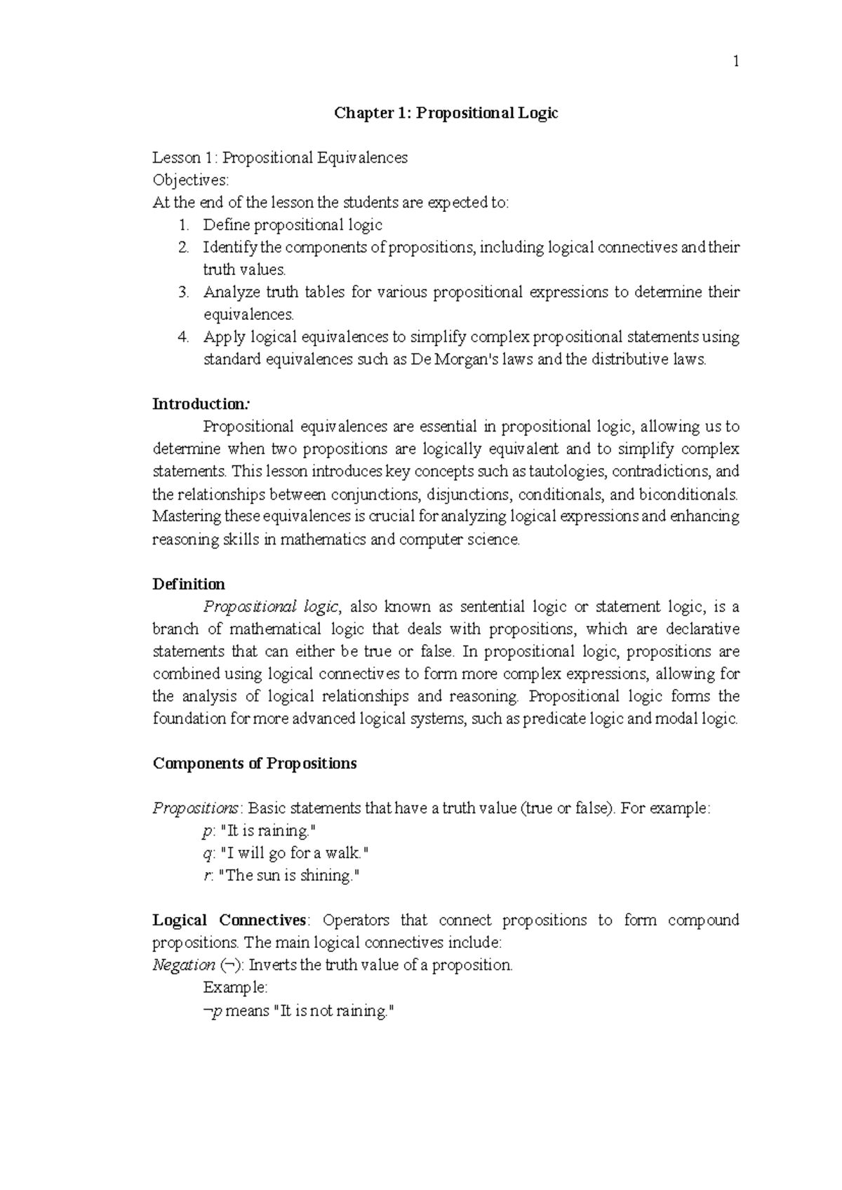 Discrete-Mathematics - Chapter 1: Propositional Logic Lesson 1 ...