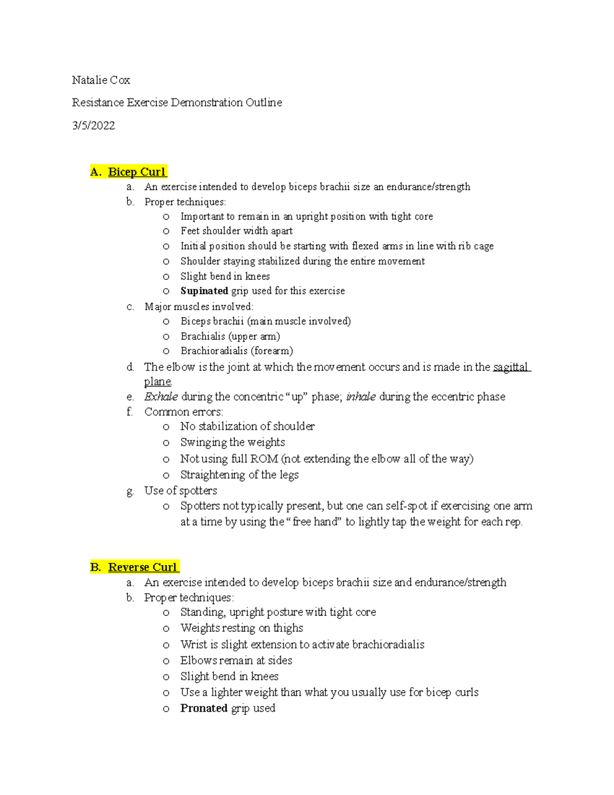 Exercise demonstration outline - Natalie Cox Resistance Exercise ...