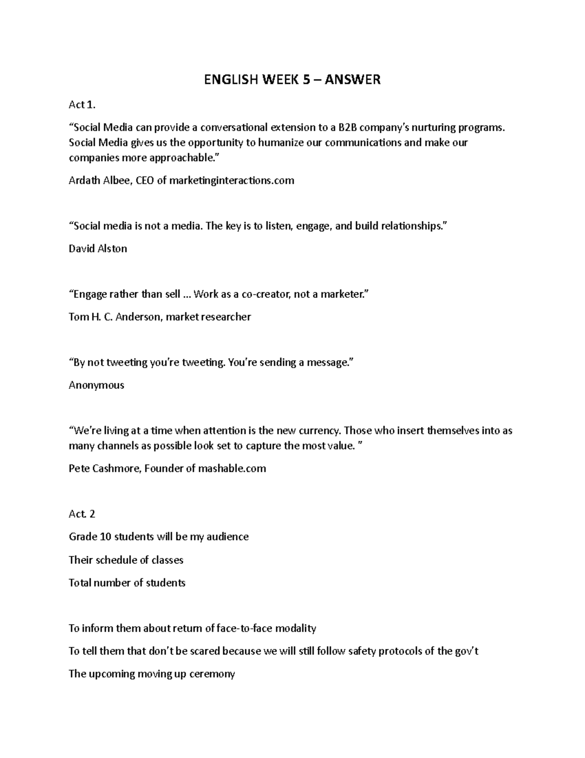 English WEEK 5 answer - asd - ENGLISH WEEK 5 – ANSWER Act 1. “Social ...