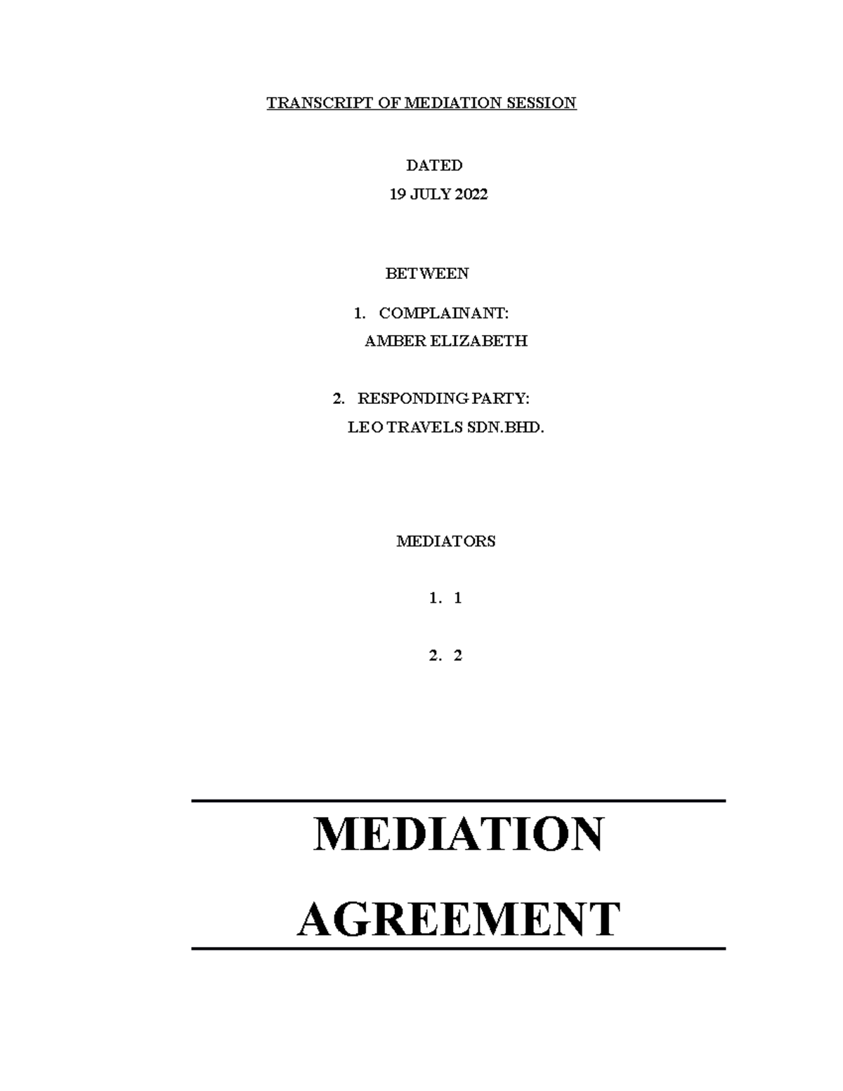 Mediation Agreement - TRANSCRIPT OF MEDIATION SESSION DATED 19 JULY ...
