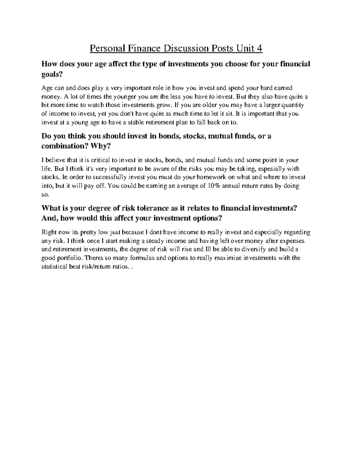 Unit 5 Discussion Post Questions - Personal Finance Discussion Posts ...